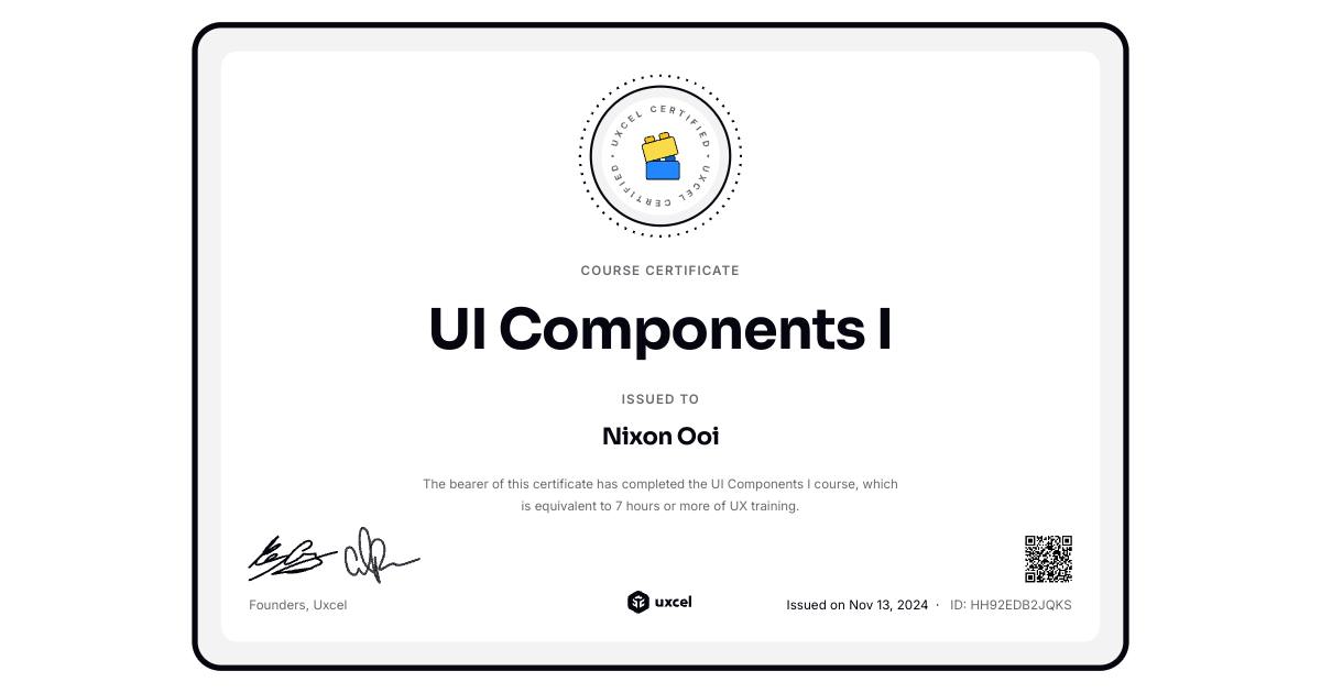 Certificate of completion for UI Components I | Uxcel